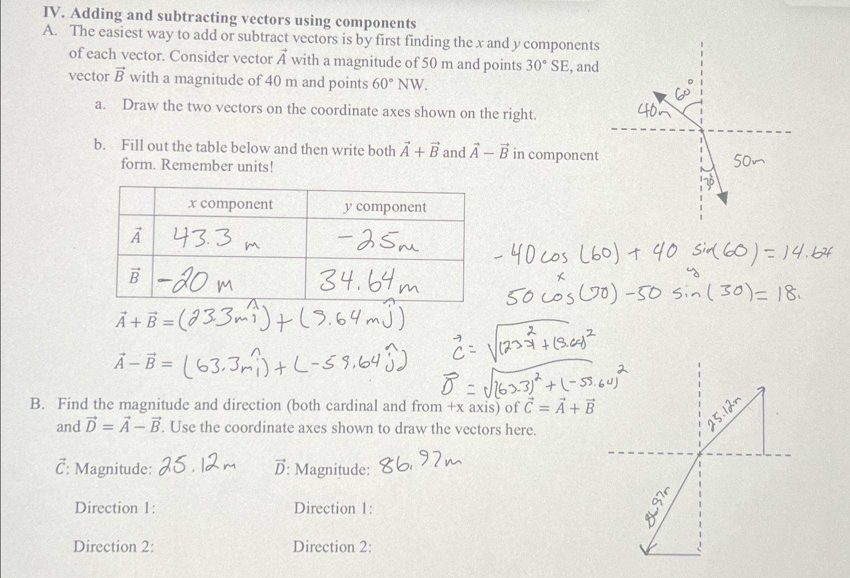 [Solved] IV. Adding and subtracting vectors using | SolutionInn