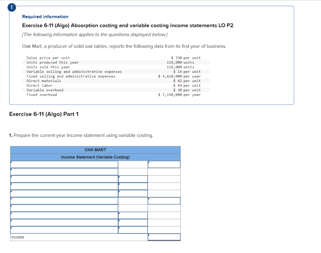 [Solved] ! Required information Exercise 6-11 (Alg | SolutionInn
