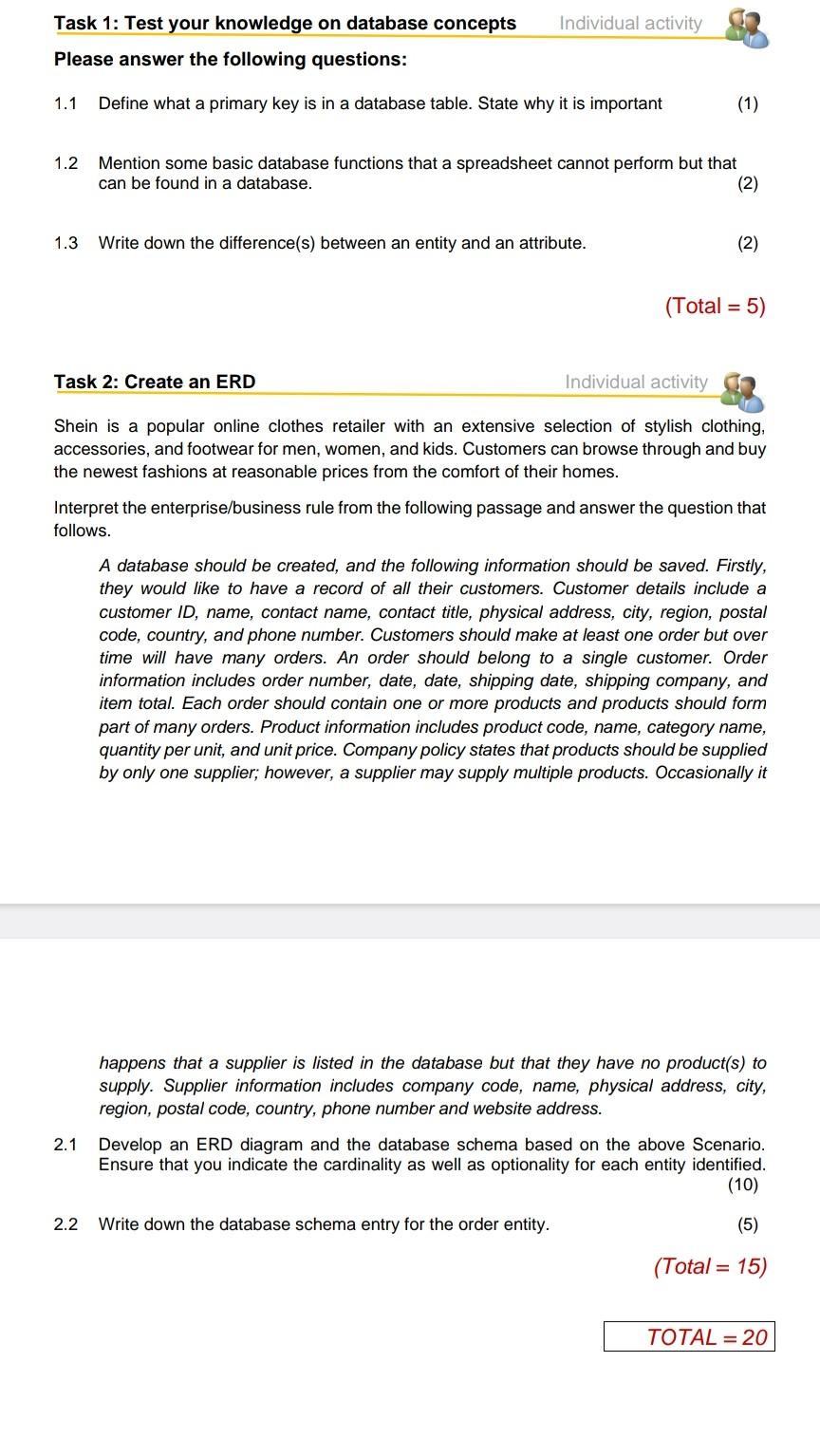 [Solved] Task 1: Test your knowledge on database c | SolutionInn