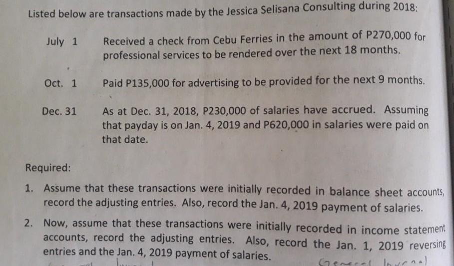 [SOLVED] Listed below are transactions made by the Jessica Selisana Consulting during | SolutionInn