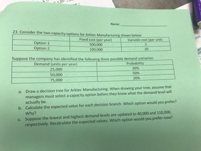 [SOLVED] 23. Consider the two capacity options for Arktec Manufacturing ...