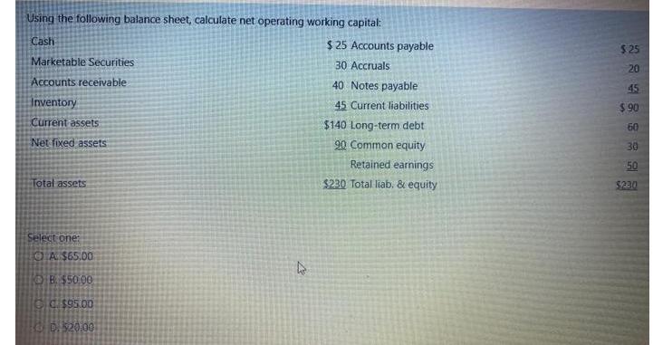 [SOLVED] Using the following balance sheet, calculate net operating ...