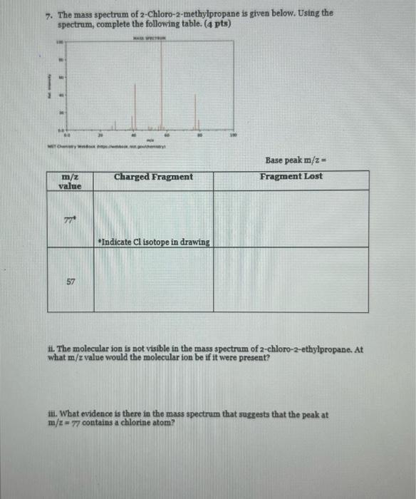 [SOLVED] 7. The mass spectrum of 2-Chloro-2-methylpropane is given ...