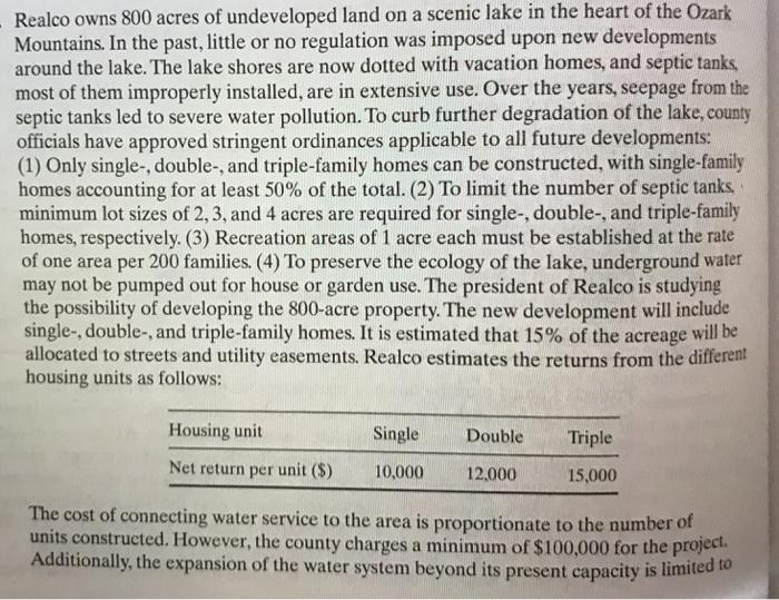 [Solved] Realco owns 800 acres of undeveloped land | SolutionInn