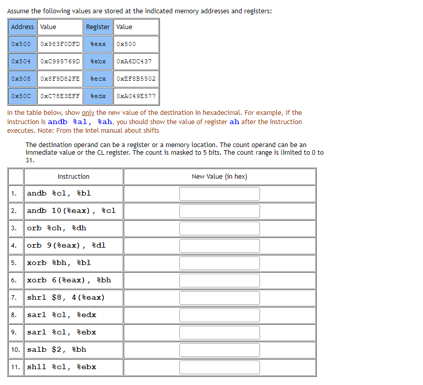 [SOLVED] Assembly Language Bitwise And, OR, XOR, & Shift Please solve ...