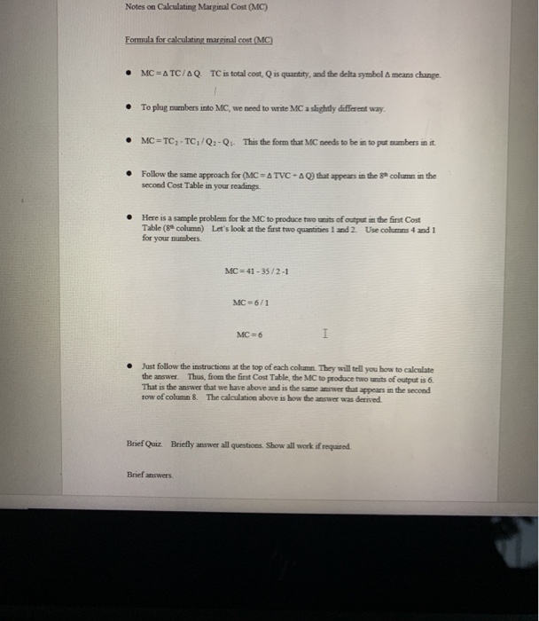 [Solved] Notes on Calculating Marginal Cost (MC) F | SolutionInn