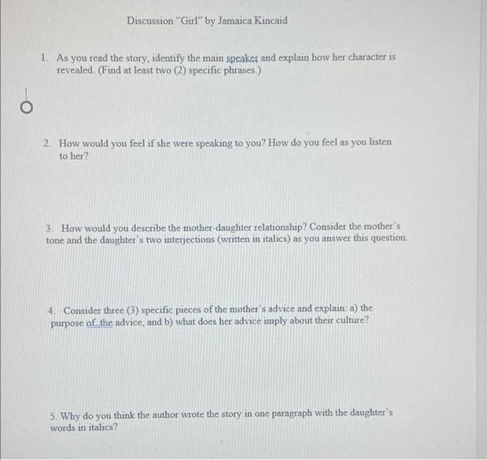 [Solved] Discussion Girl by Jamaica Kincaid 1. As | SolutionInn