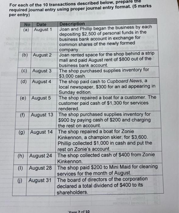 [Solved] For each of the 10 transactions described | SolutionInn
