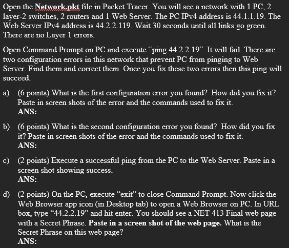 [Solved] Open the Network.pkt file in Packet Trace | SolutionInn