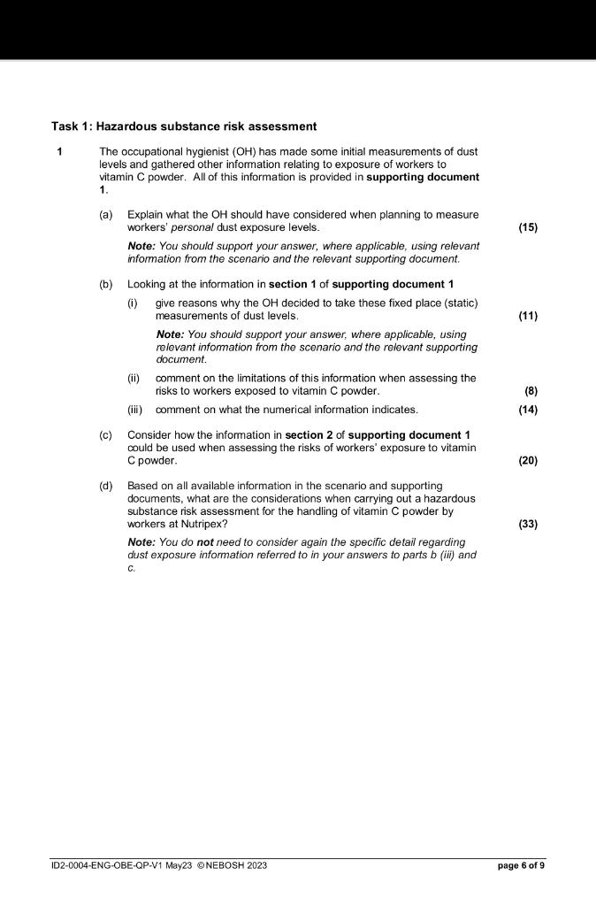 [SOLVED] Task 1: Hazardous substance risk assessment 1 The occupational ...