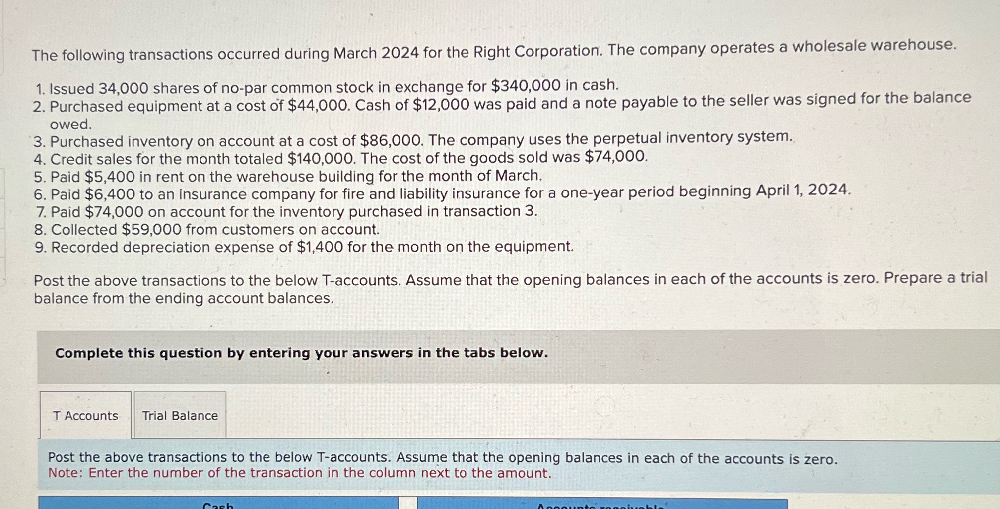[SOLVED] The following transactions occurred during March 2024 for the Right Corporation ...