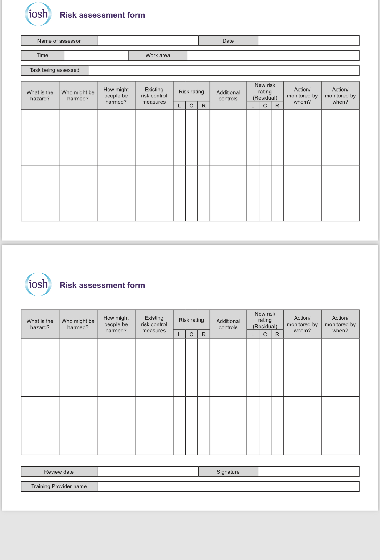 [SOLVED] iosh Risk assessment form iosh Risk assessment form \ table ...