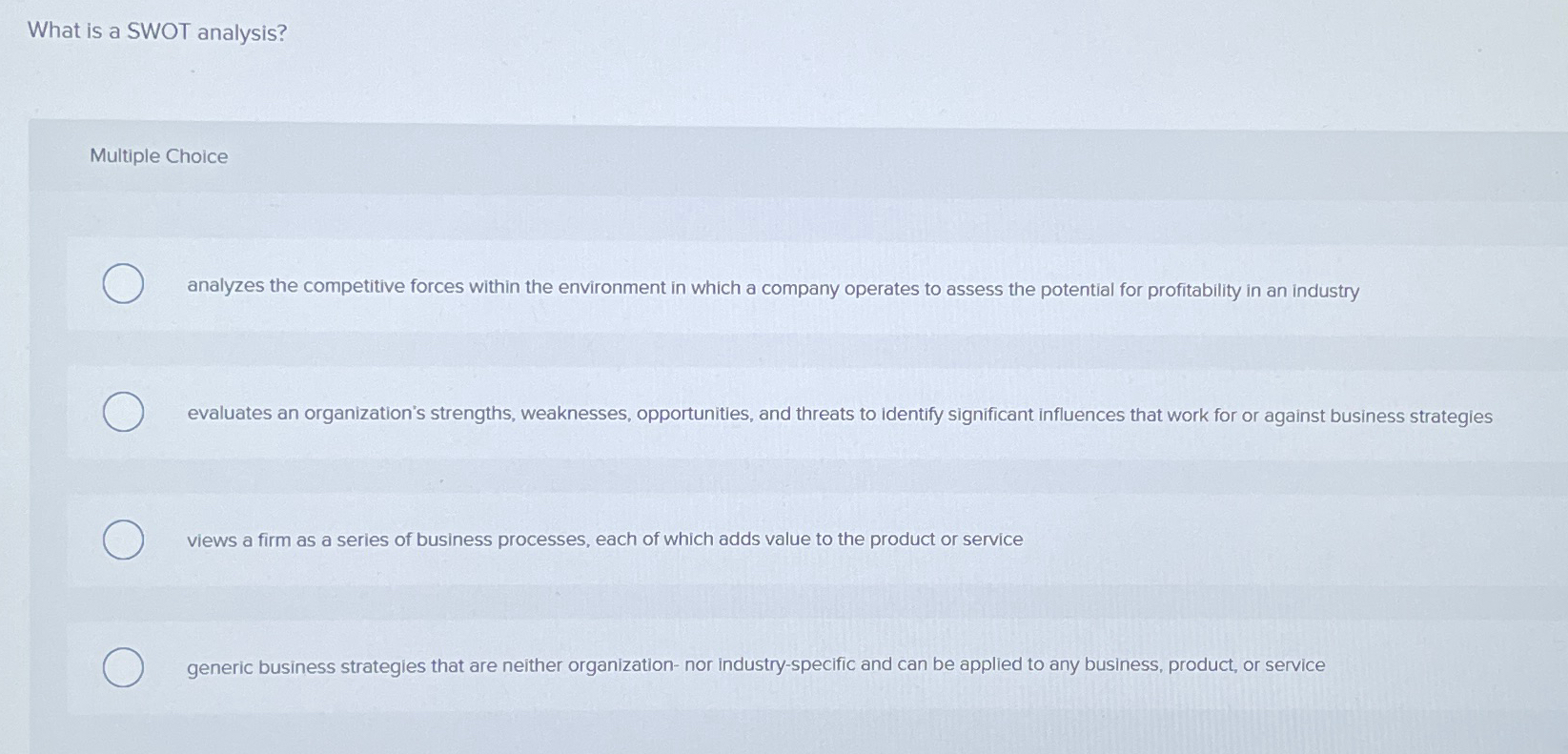 [SOLVED] What is a SWOT analysis? Multiple Choice analyzes the ...