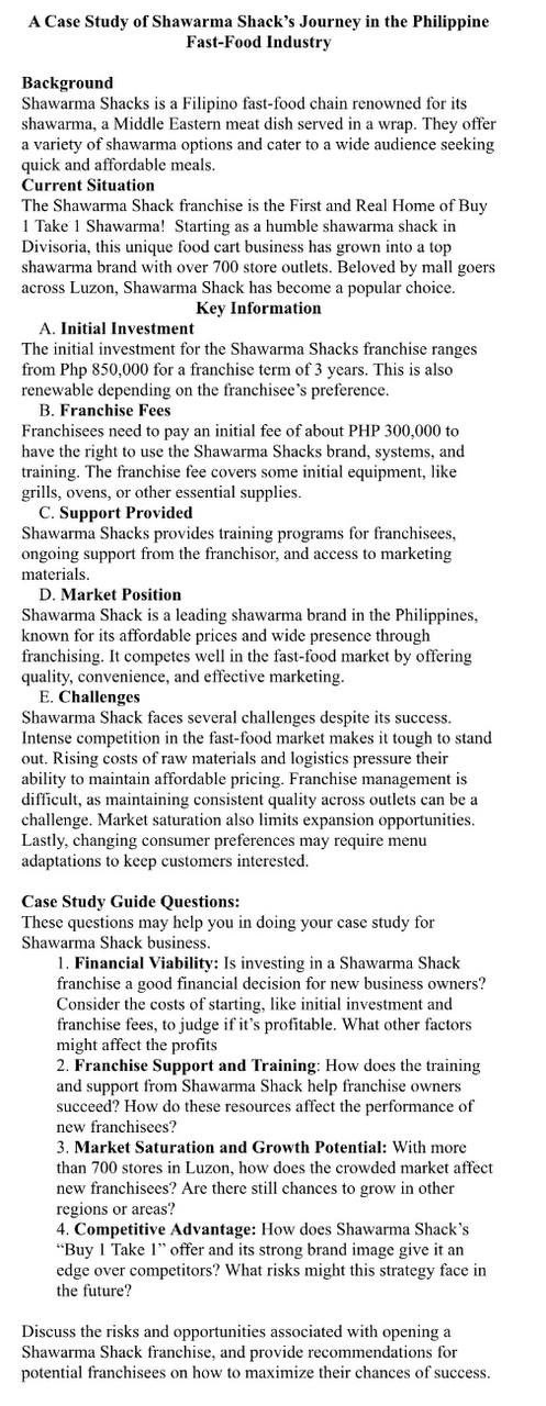 [SOLVED] A Case Study of Shawarma Shack's Journey in the Philippine Fast | SolutionInn