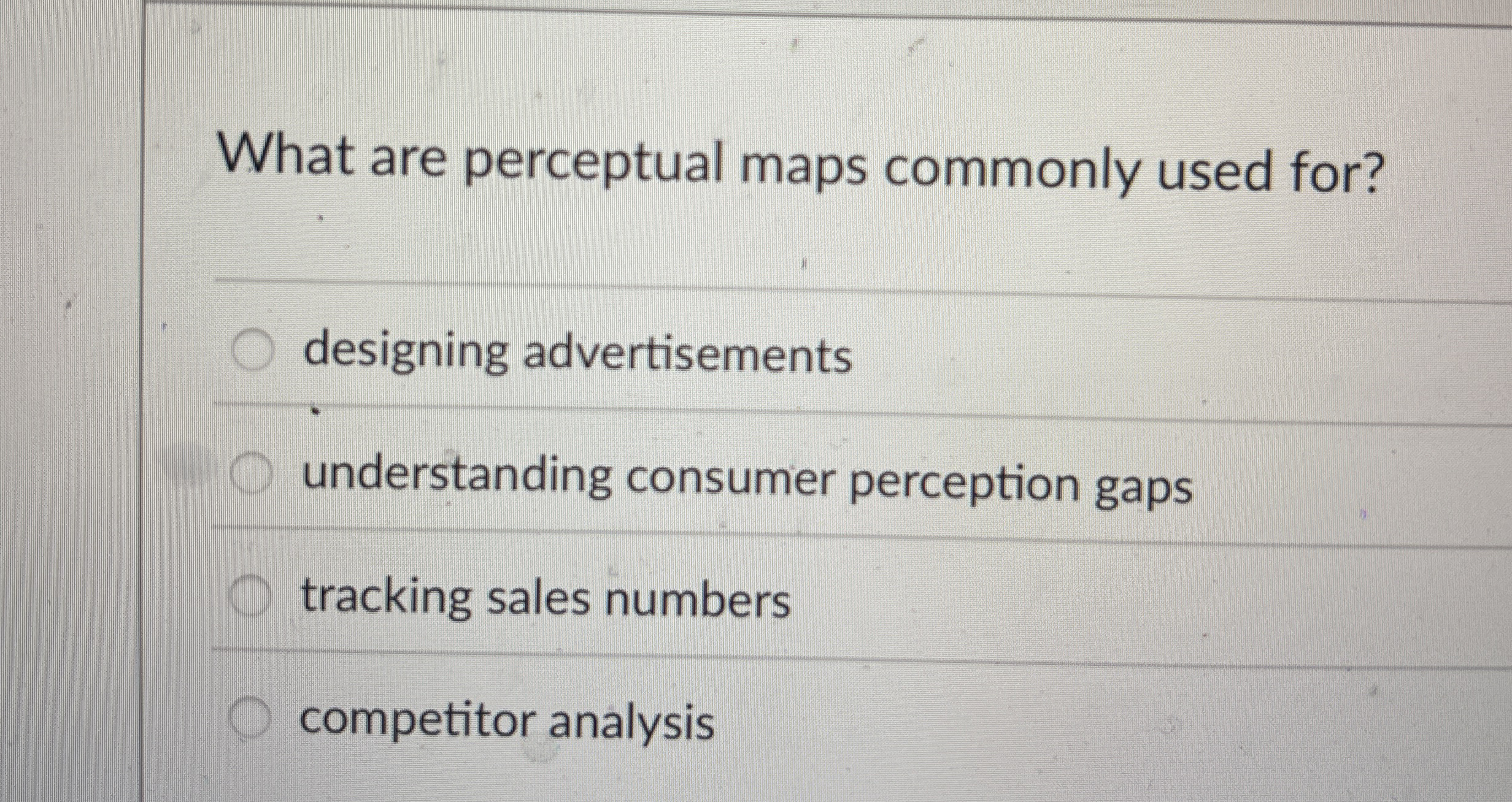 [SOLVED] What are perceptual maps commonly used for? designing advertisements understanding ...