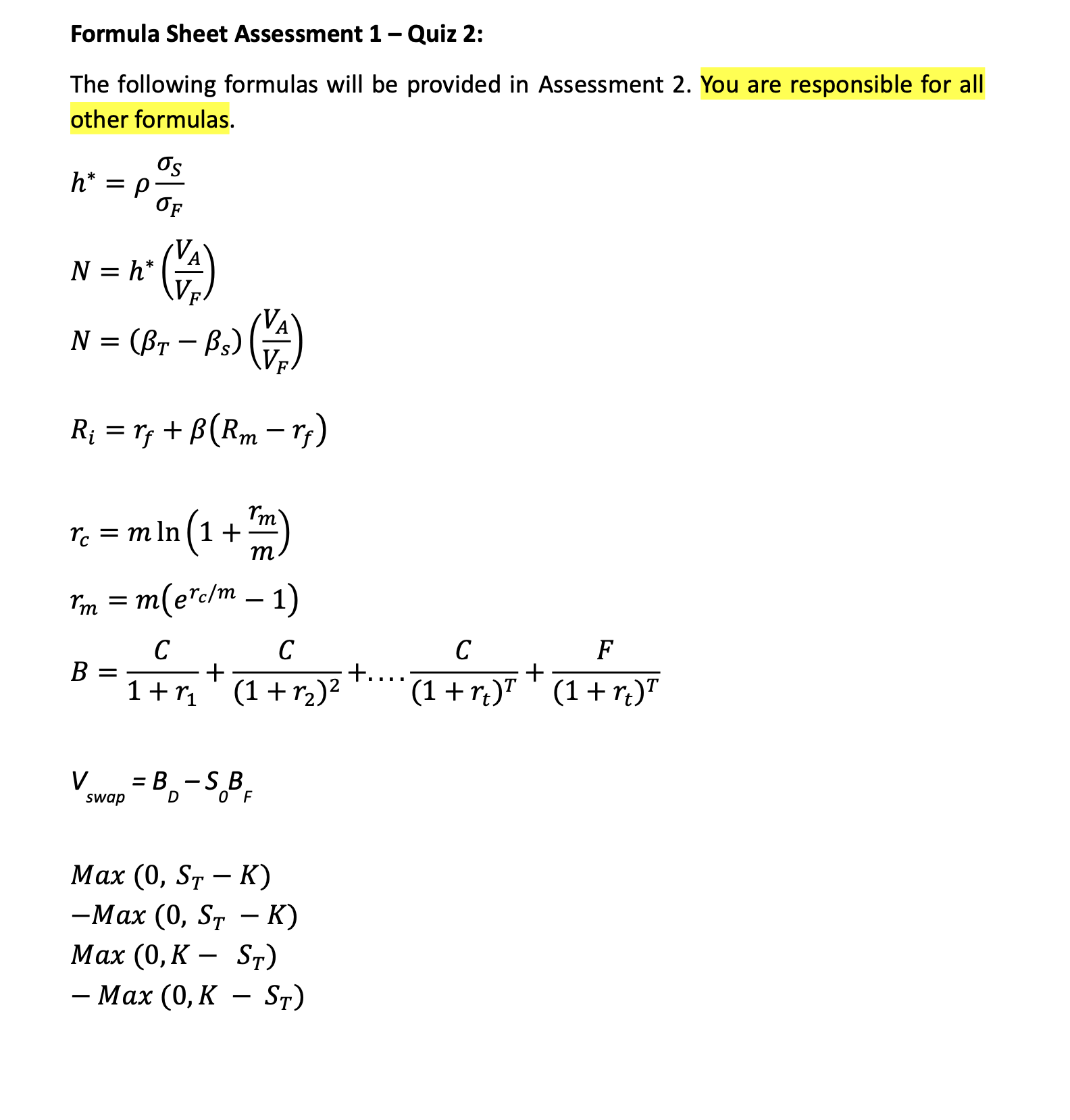 [Answered] Formula Sheet Assessment 1 - Quiz 2: The following formulas will | SolutionInn
