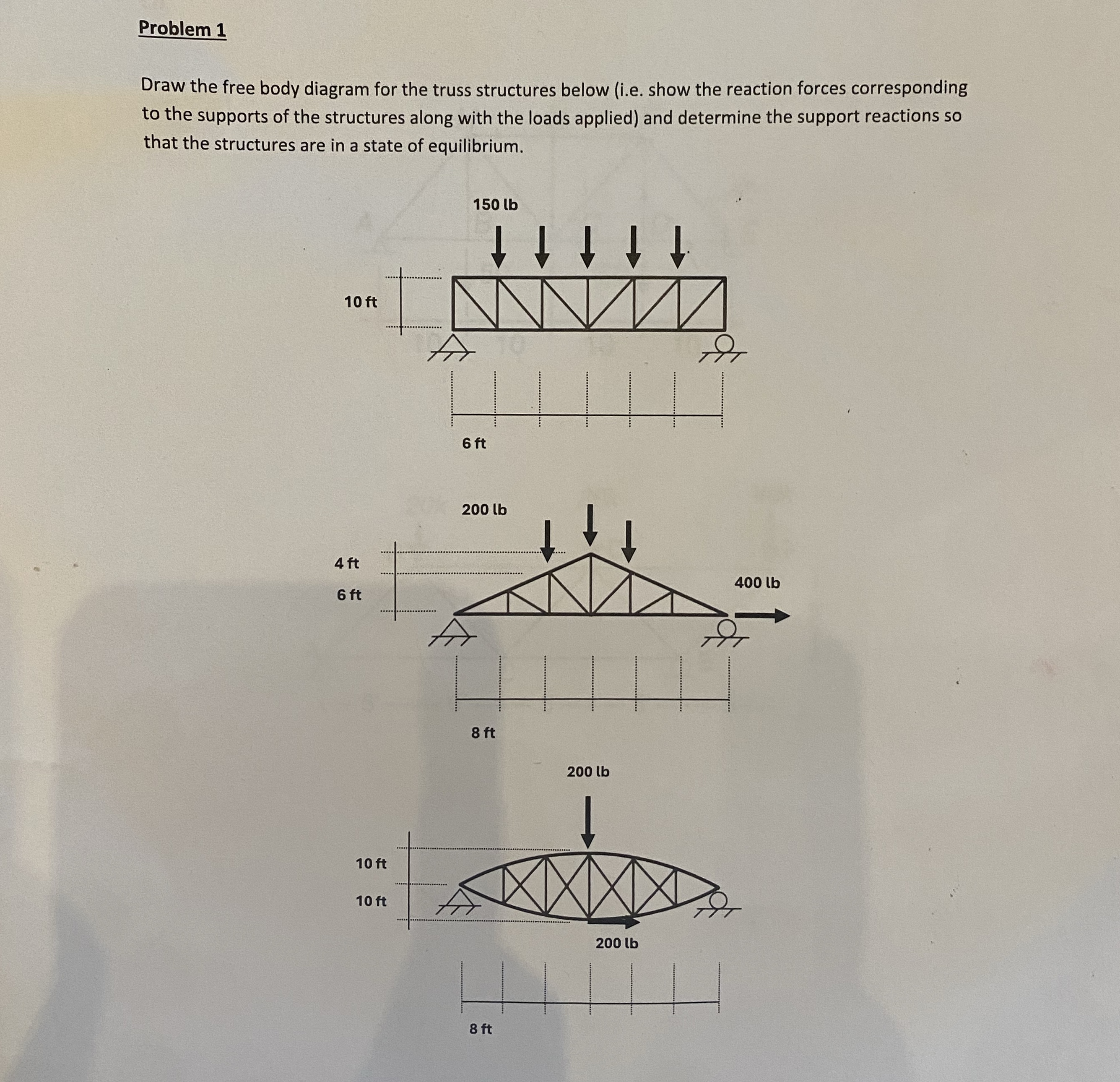 [SOLVED] Problem 1 Draw the free body diagram for the truss structures | SolutionInn