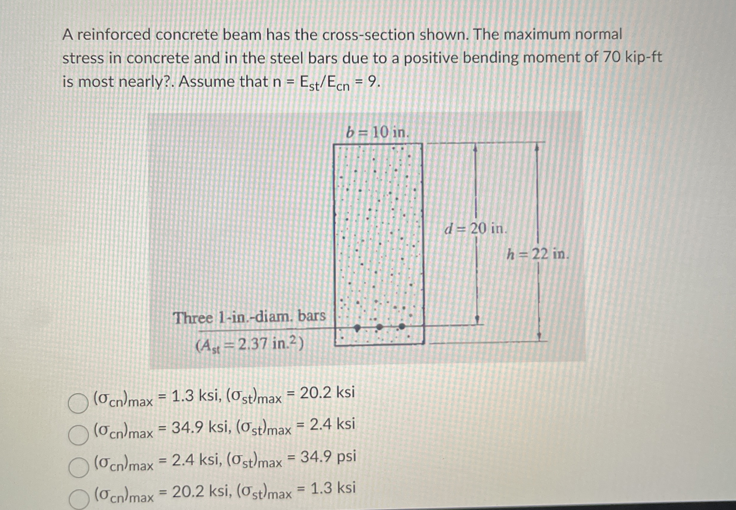 [SOLVED] A reinforced concrete beam has the cross - section shown. The | SolutionInn