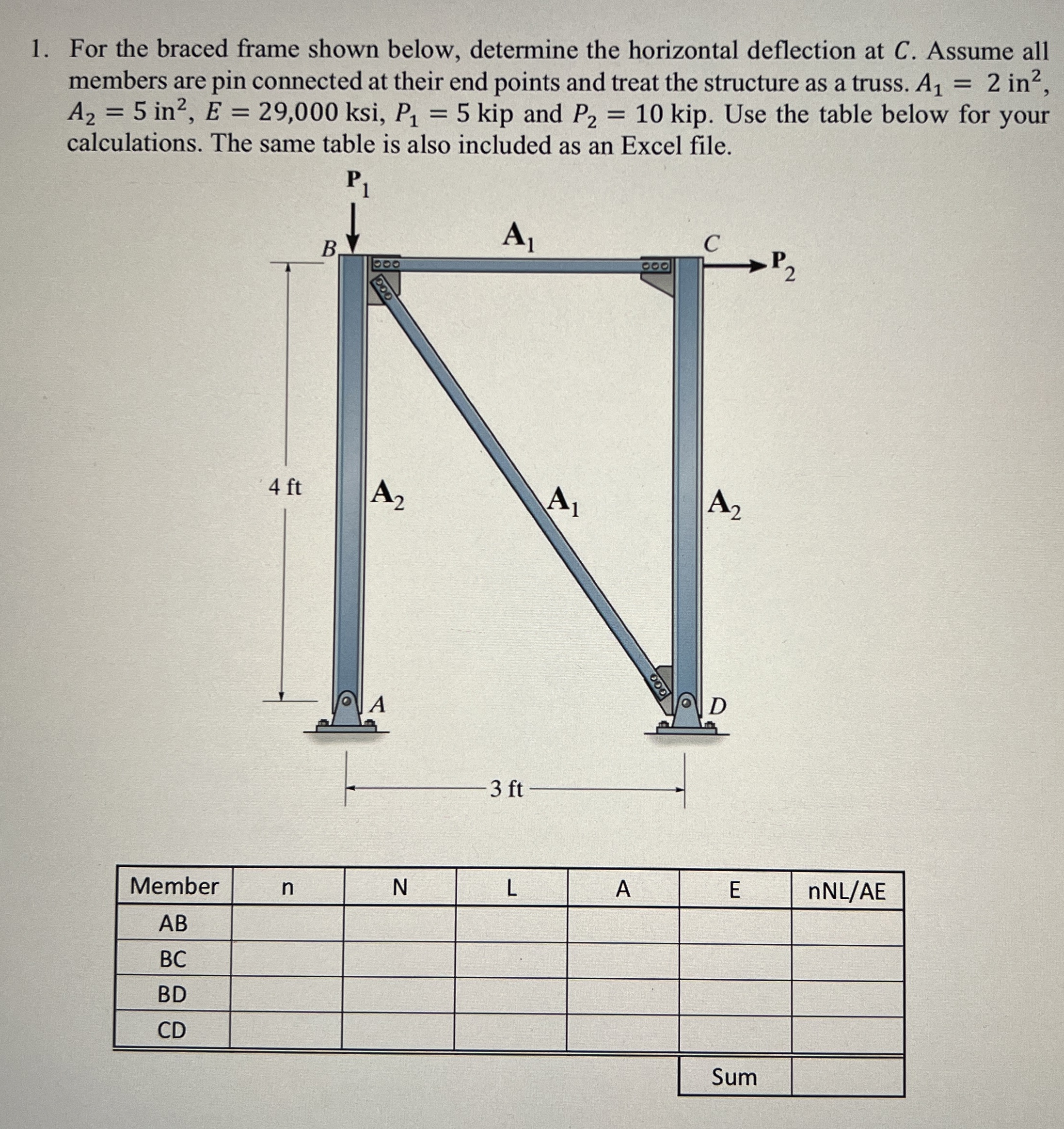 [SOLVED] For the braced frame shown below, determine the horizontal deflection at | SolutionInn
