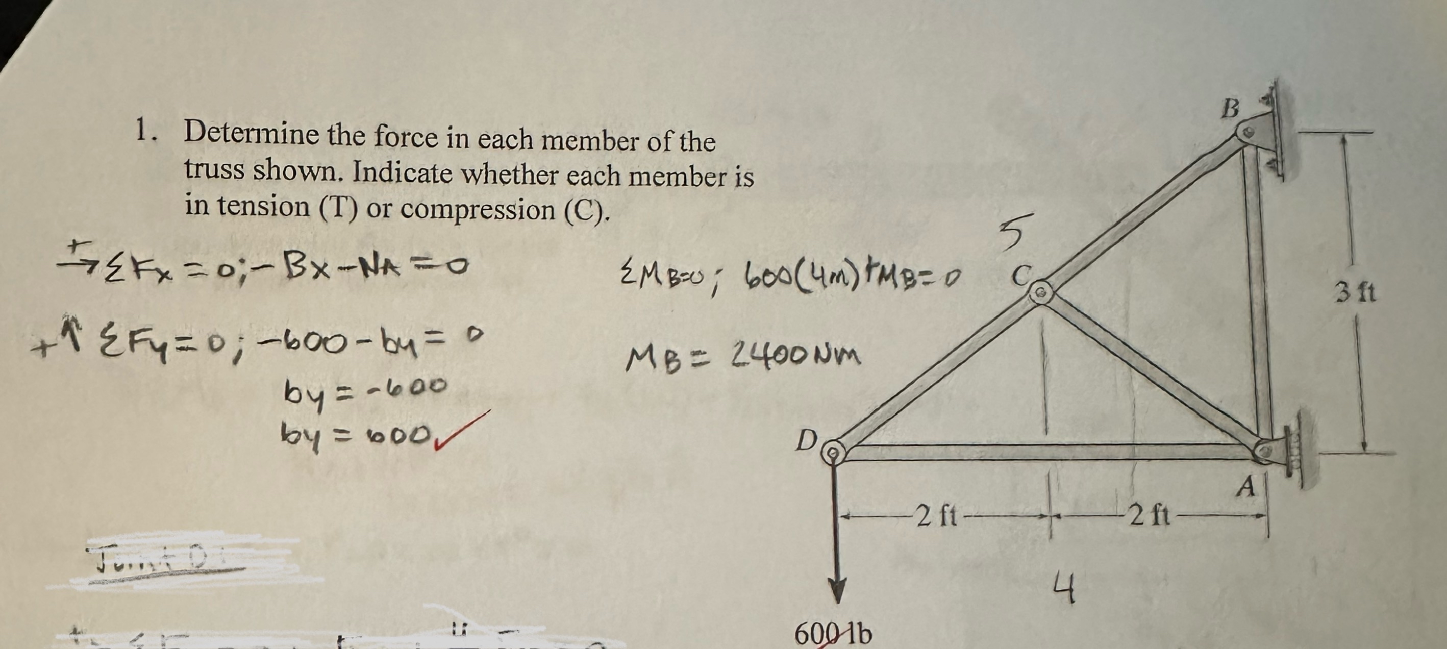 [SOLVED] Determine the force in each member of the truss shown. Indicate | SolutionInn
