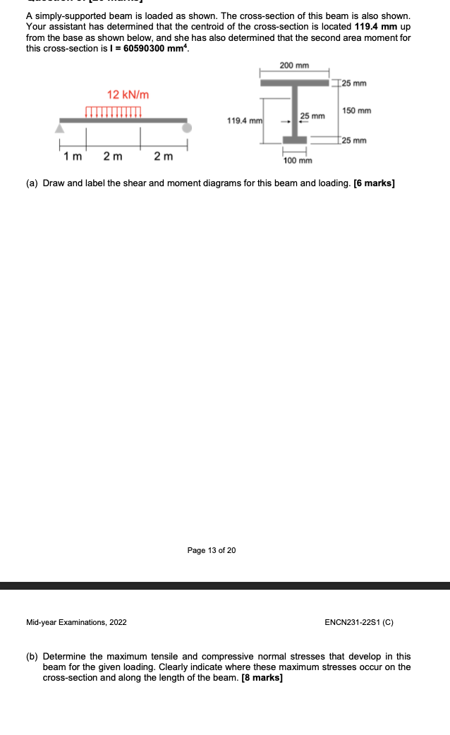 [SOLVED] A simply - supported beam is loaded as shown. The cross | SolutionInn
