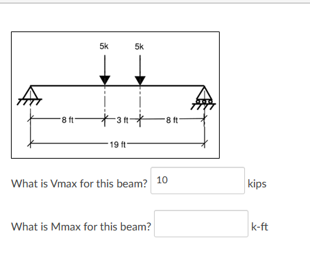 [Solved] What is Vmax for this beam? kips What is Mmax for | SolutionInn