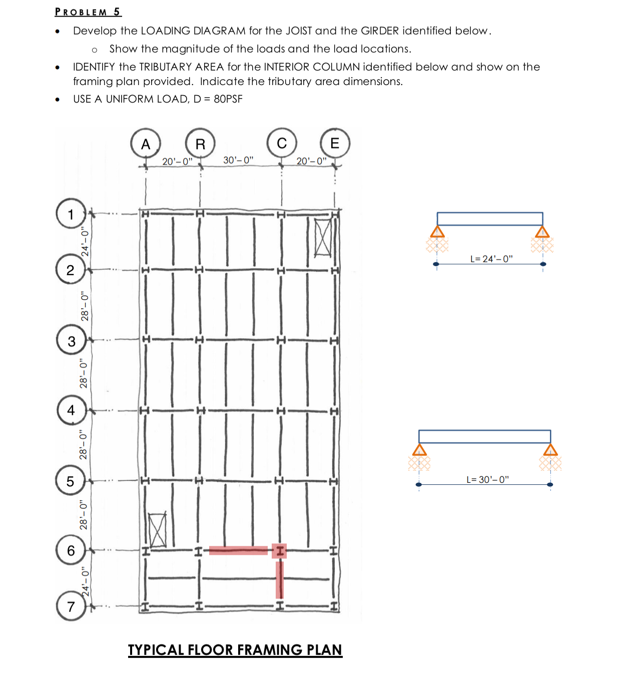 [SOLVED] PROBLEM 5 Develop the LOADING DIAGRAM for the JOIST and the ...