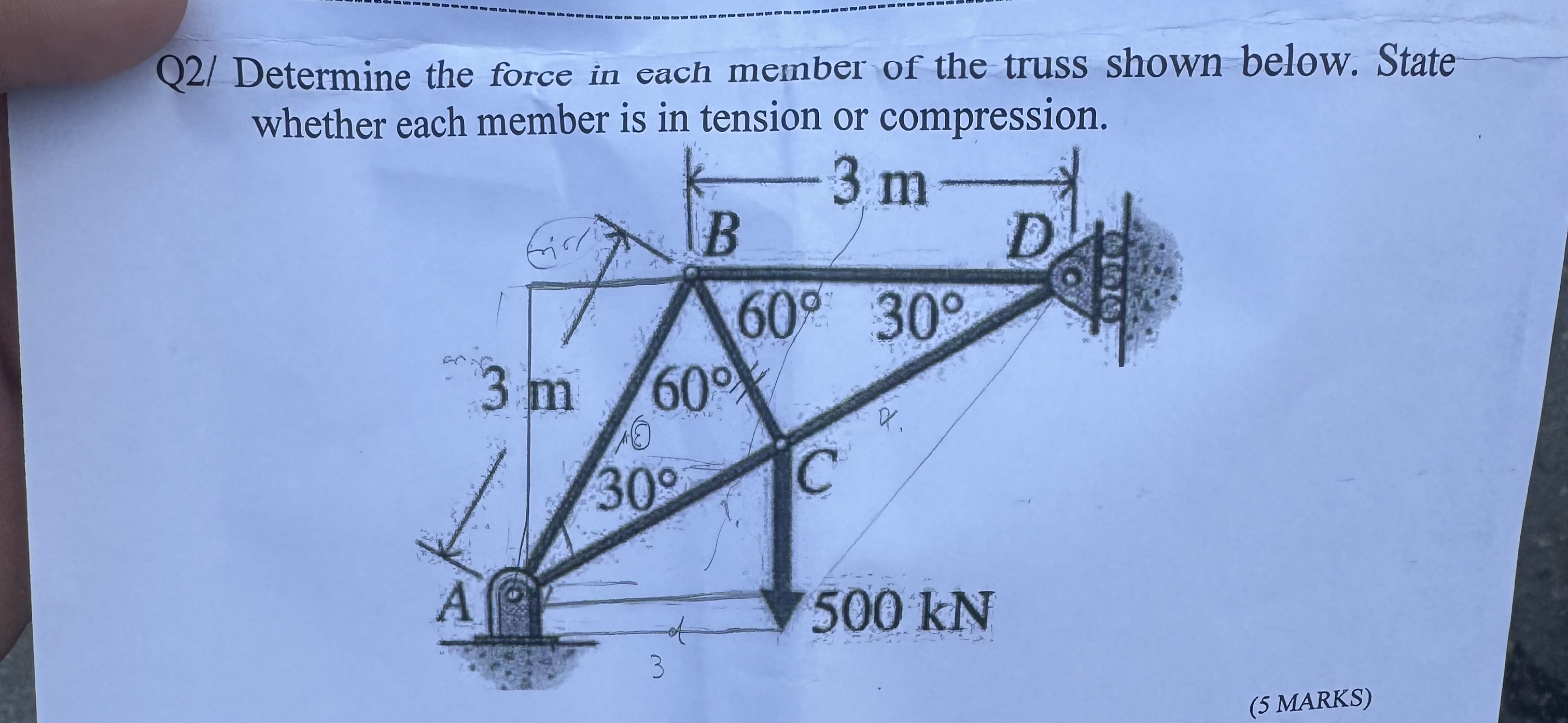 [SOLVED] Determine the force in each member of the truss shown below. | SolutionInn
