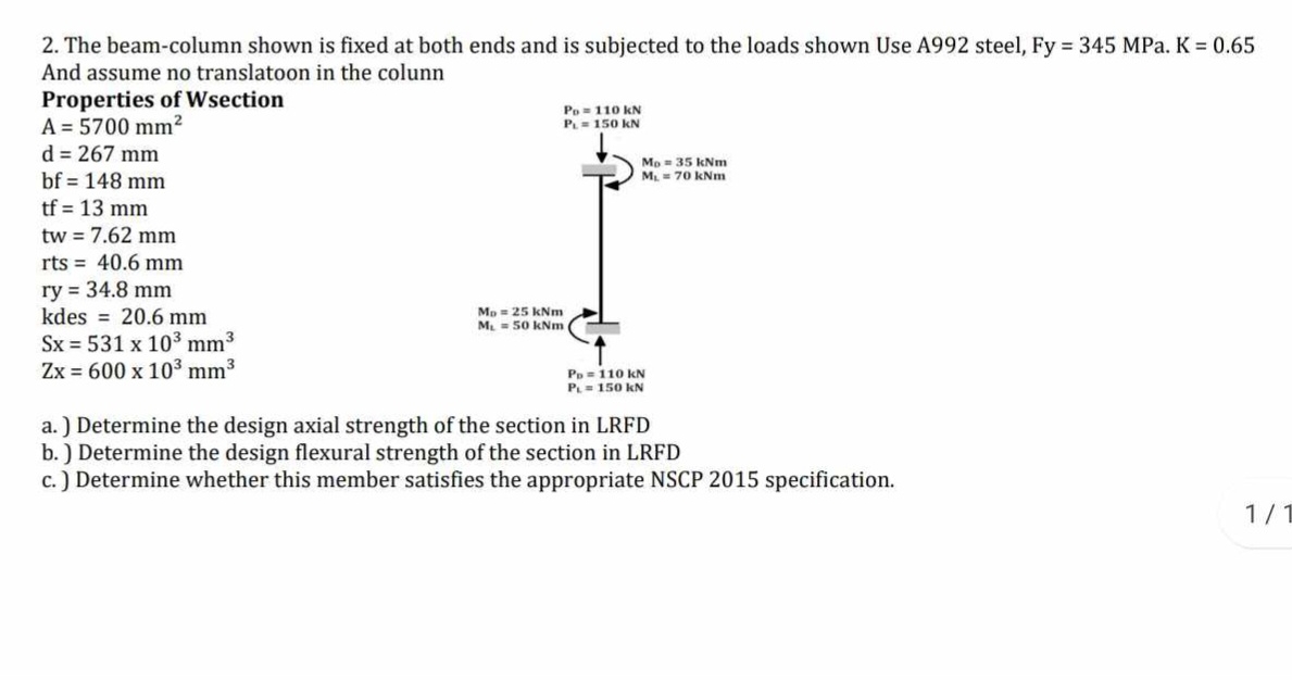 [Solved] The beam - column shown is fixed at both ends and | SolutionInn