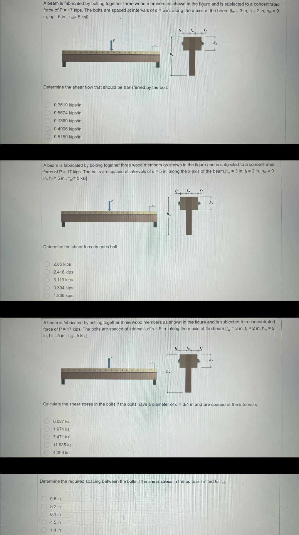 [SOLVED] A beam is fabricated by bolting together three wood members as ...