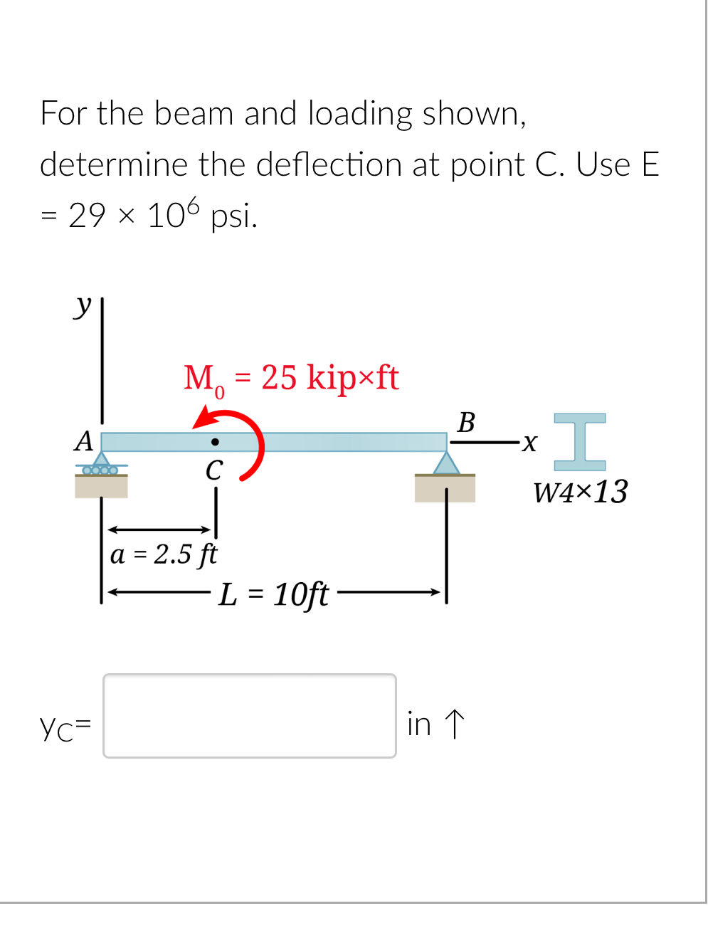 [SOLVED] For the beam and loading shown, determine the deflection at point | SolutionInn