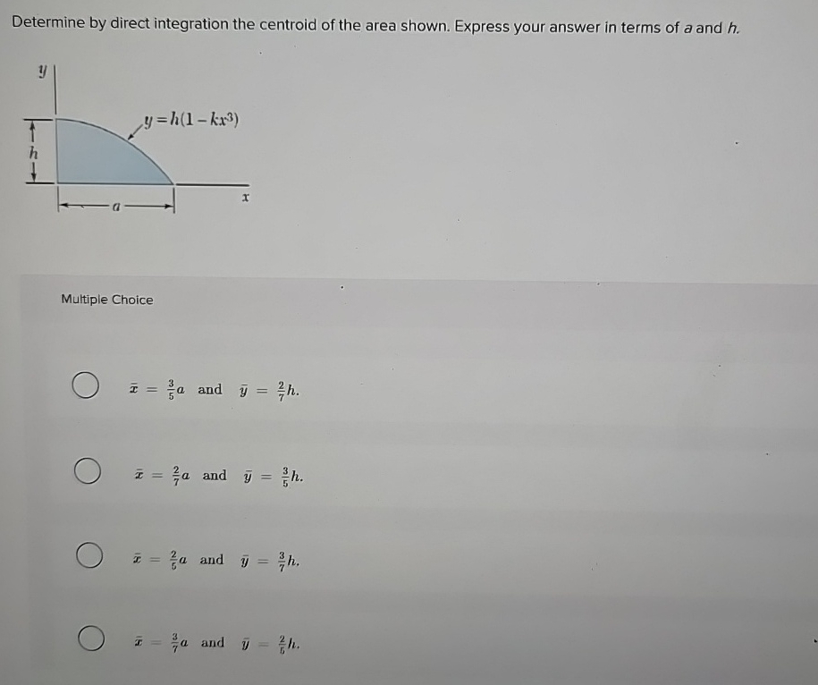 [SOLVED] Determine by direct integration the centroid of the area shown. Express | SolutionInn