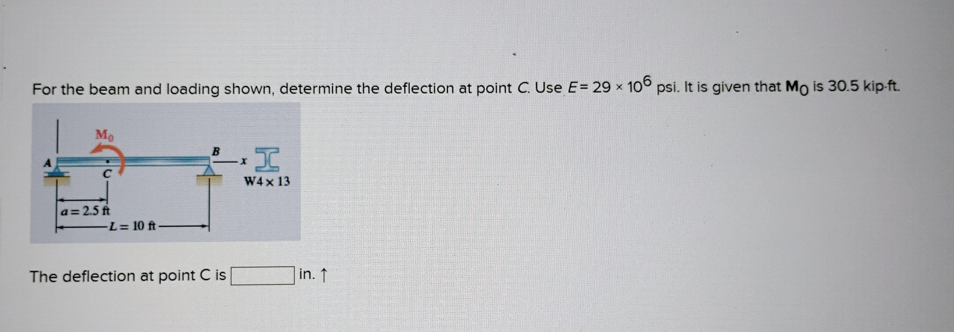 [SOLVED] For the beam and loading shown, determine the deflection at ...