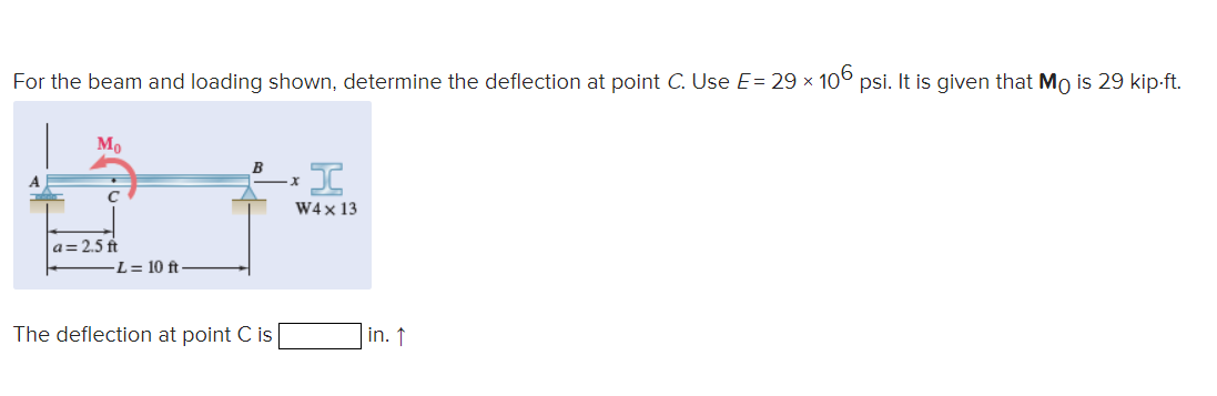 [SOLVED] For the beam and loading shown, determine the deflection at ...
