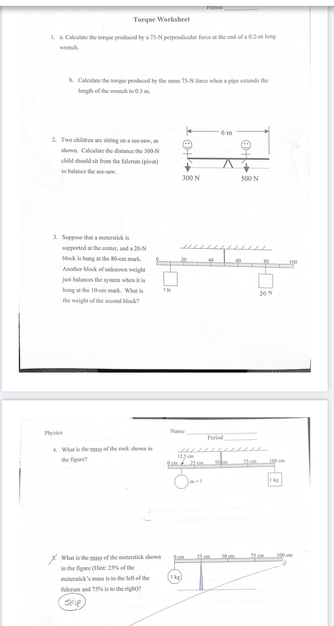 [SOLVED] Physics Period Torque Worksheet 1. a. Calculate the torque ...