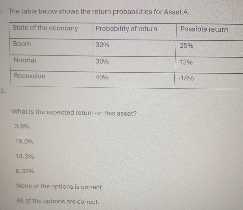 [SOLVED] The table below shows the return probabilities for Asset A . | SolutionInn